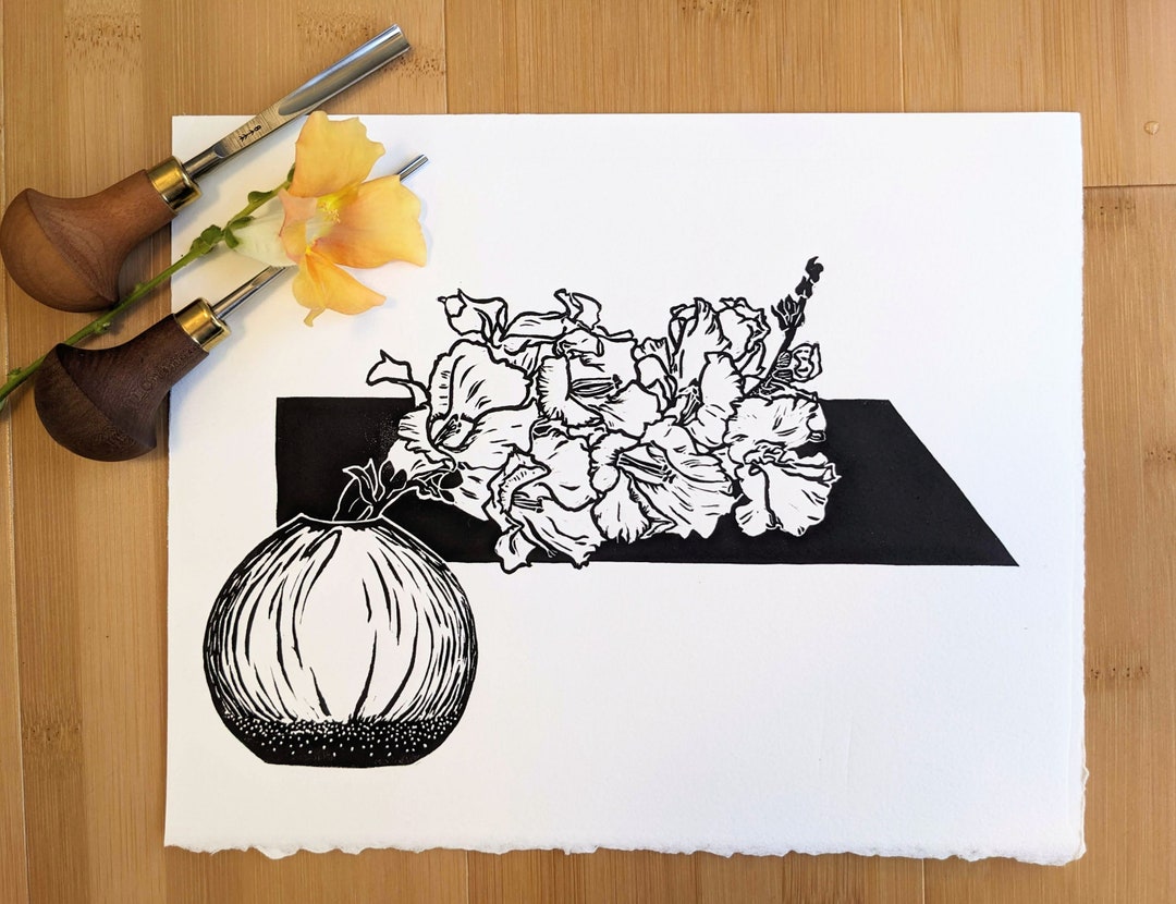 Floral Linocut Print: Chantilly Lace Snapdragons, Art Deco Vase - Etsy