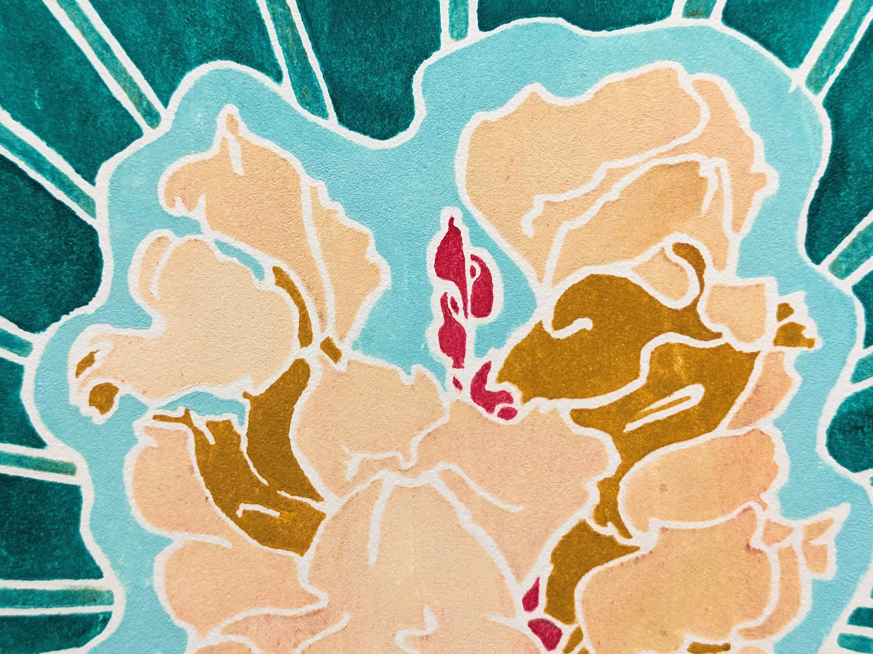 Teal Blue, Yellow and Magenta Diptych Composition Gouache Original ...