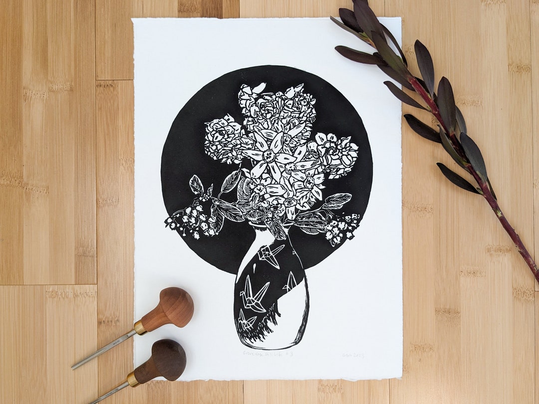 Handmade Linocut Floral Original Art crane Vase Still Life 3 in Black ...