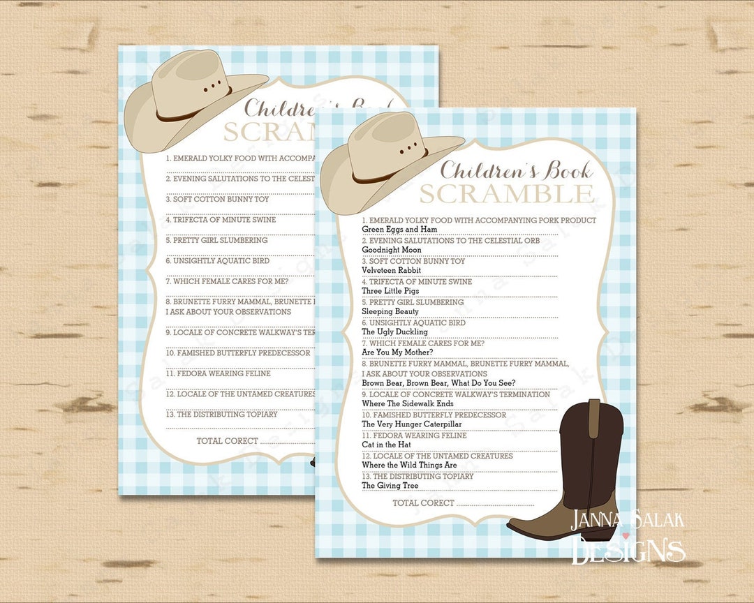 Cowboy Printable Childrens Book Scramble Game - Baby Book Scramble ...