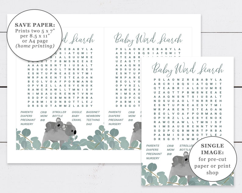 Koala Baby Shower Word Search Game Printable Games DIY - Etsy