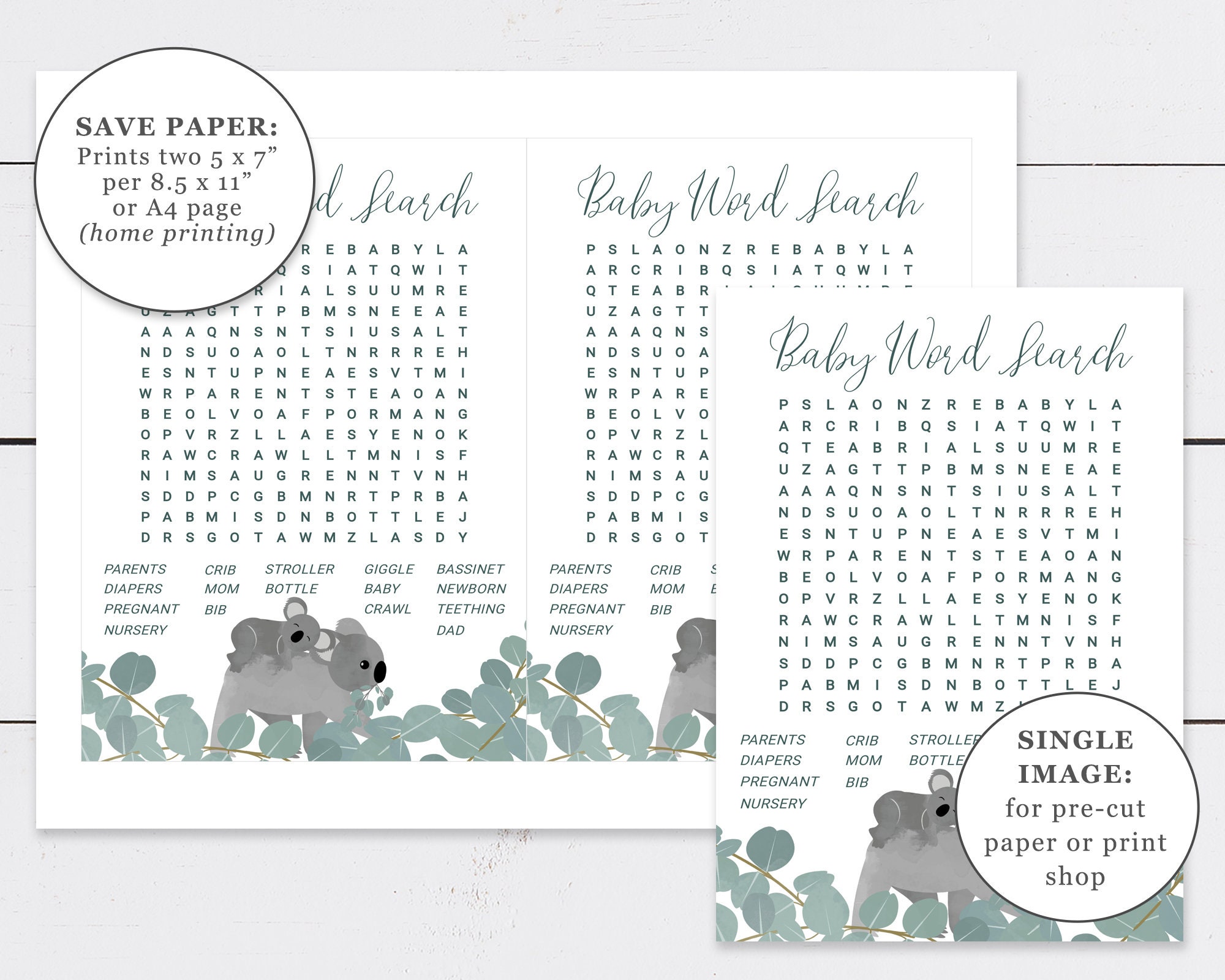 Koala Baby Shower Word Search Game - Printable Games - DIY INSTANT ...
