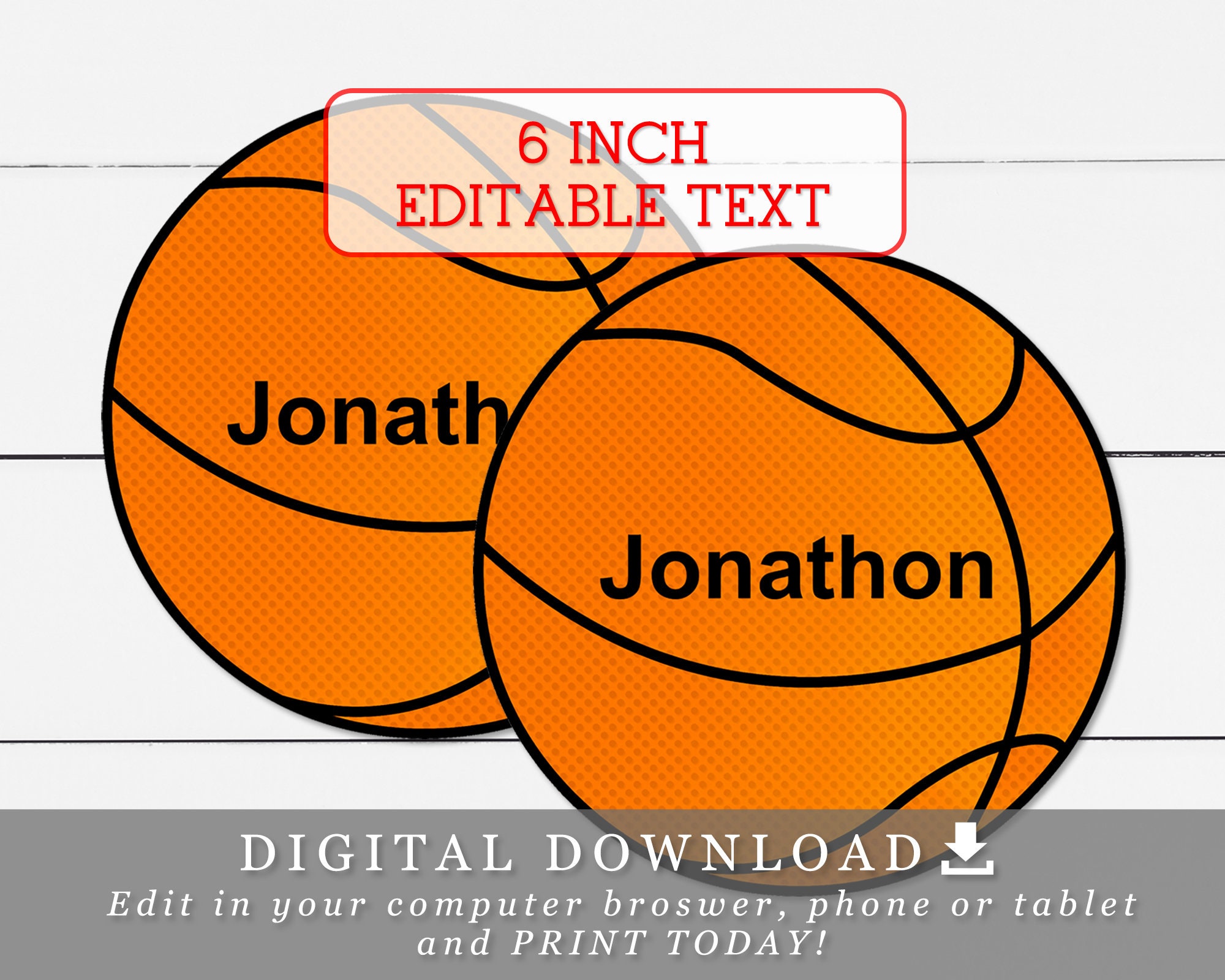 6" Basketball Printable Circle Tags With Editable Text Custom Names DIY ...
