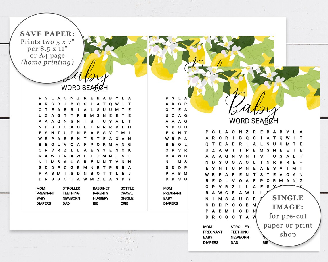 Lemon Baby Shower Word Search Game Printable Lemons and - Etsy