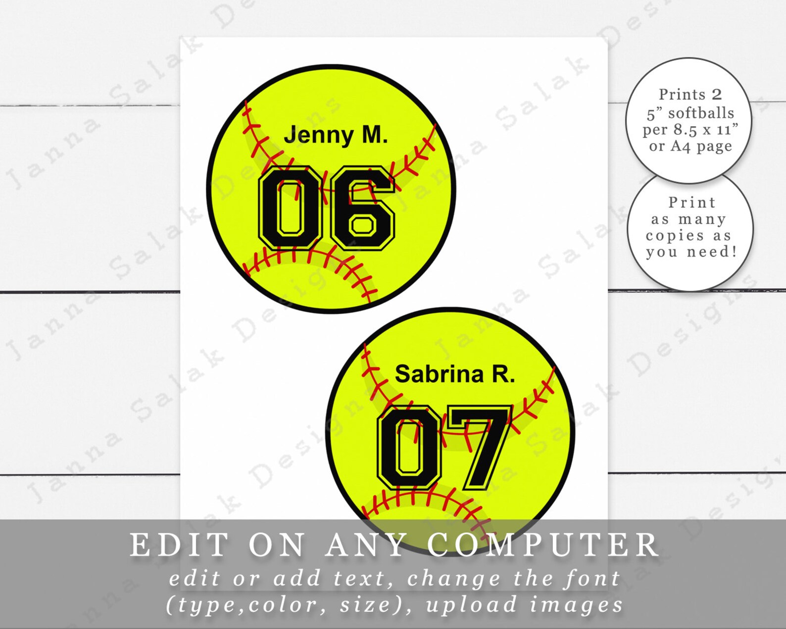 5" Softball Tags With Editable Names and Numbers DIY Template - Etsy