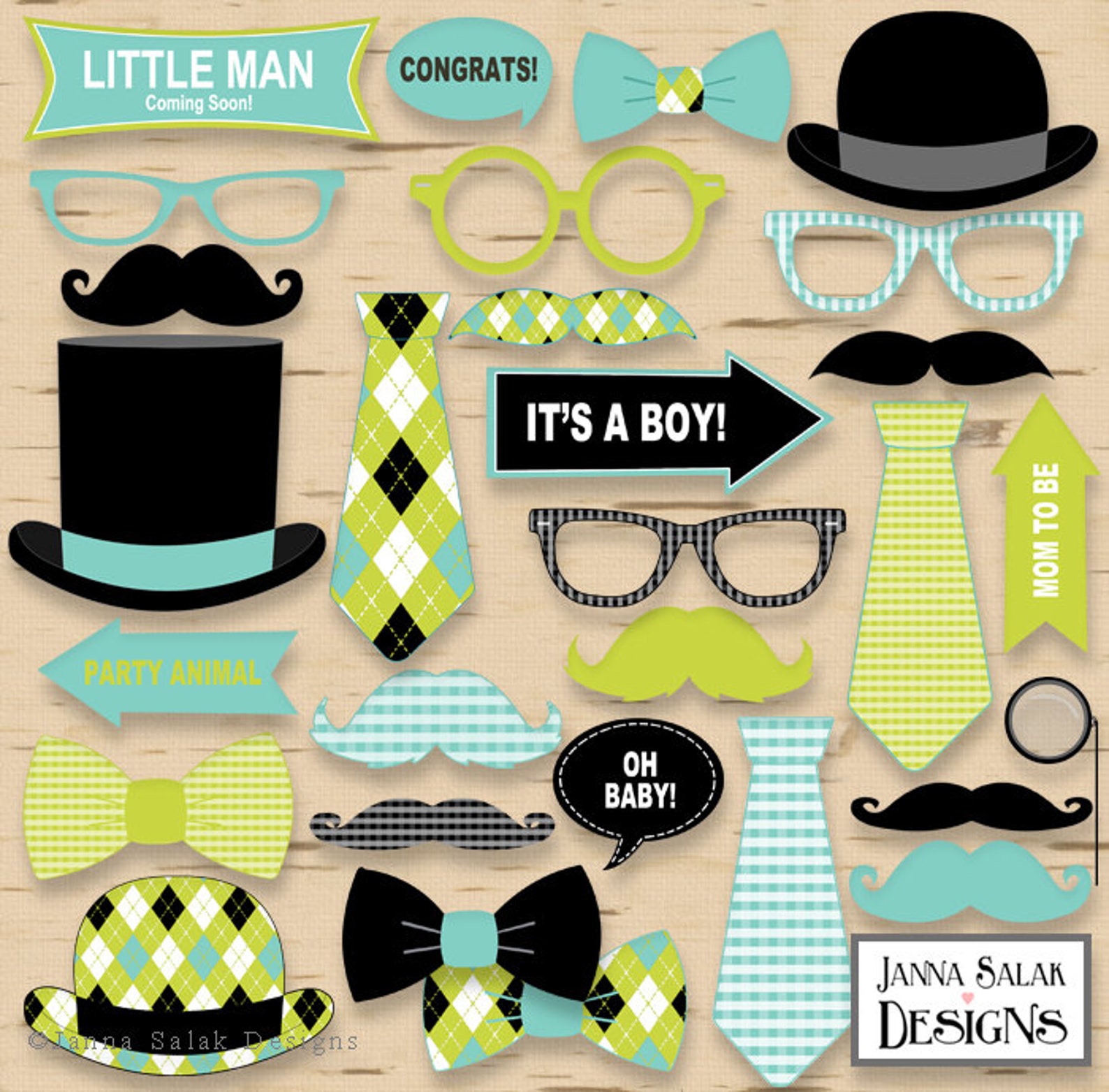 Printable Little Man Photo Booth Props Baby Shower Black Green and Blue ...