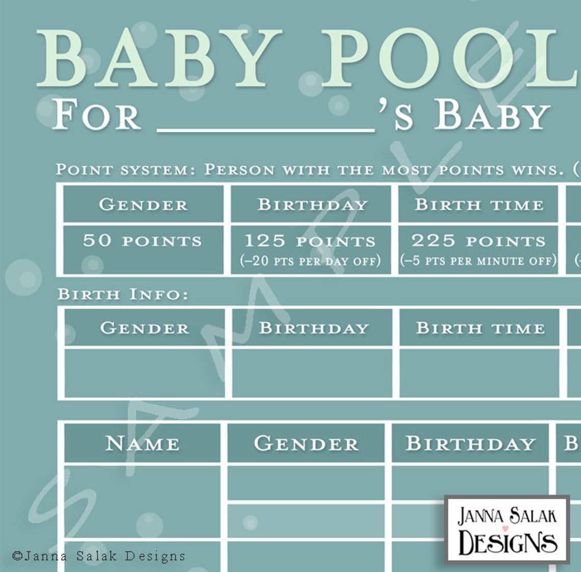 Printable Ocean Theme Baby Shower Baby Pool Game Predictions Sea Turtle ...