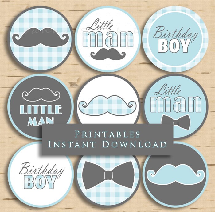 Little Man Birthday Cupcake Toppers Mustache Party Printables Blue and ...