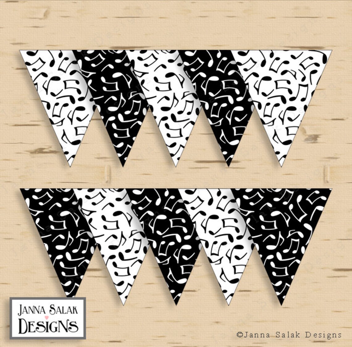 Music Note Bunting Flags Printable INSTANT DOWNLOAD DIY Black and White ...