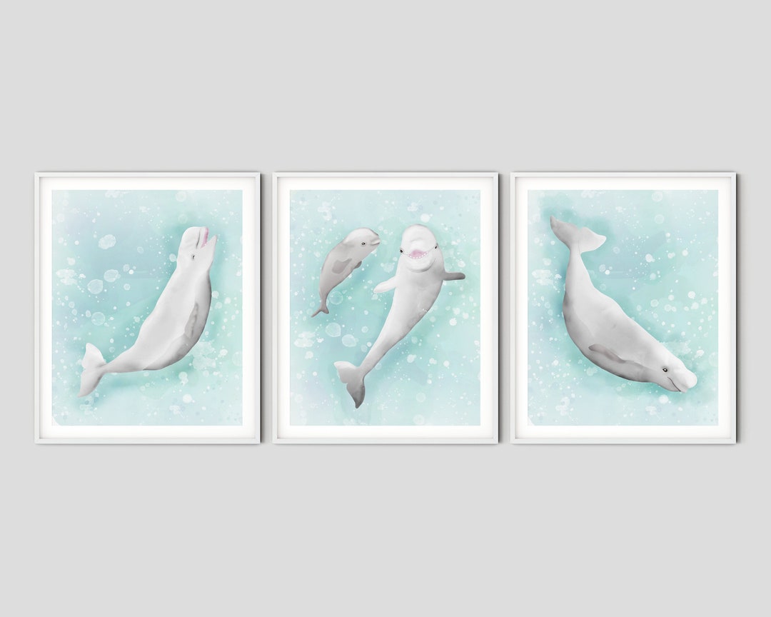 Beluga Nursery Prints Set of 3 Printable 16x20 Watercolor Belugas Whale ...