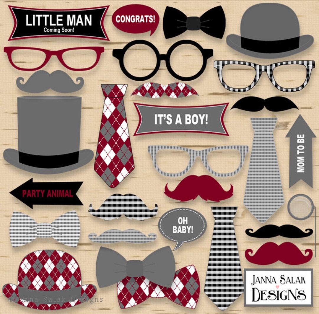 Printable Little Man Photo Booth Props Baby Shower Burgundy Black Grey ...