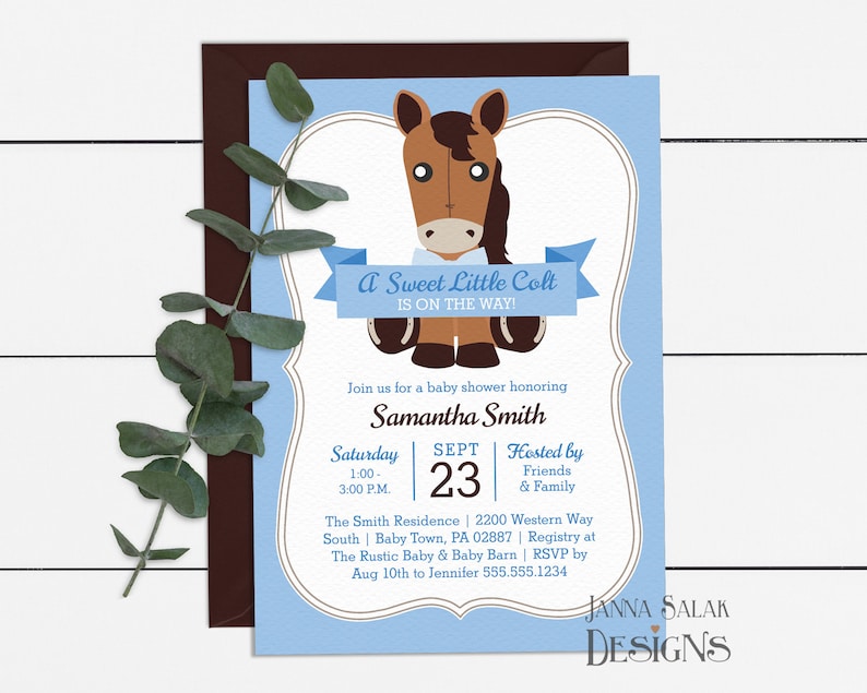 Horse Boy Baby Shower Invitation Template Blue and Brown 5x7 - Etsy