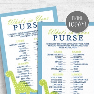 Dinosaur Baby Shower What's in Your Purse Game Printable - Dino Blue ...