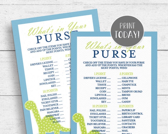 Dinosaur Baby Shower What's in Your Purse Game Printable | Etsy