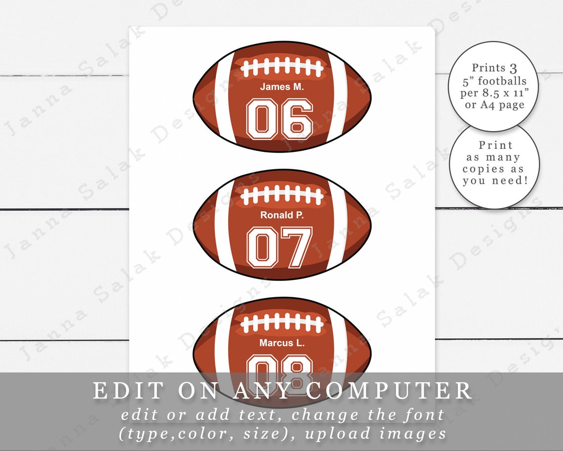 5 Football Tags With Editable Names and Numbers DIY - Etsy