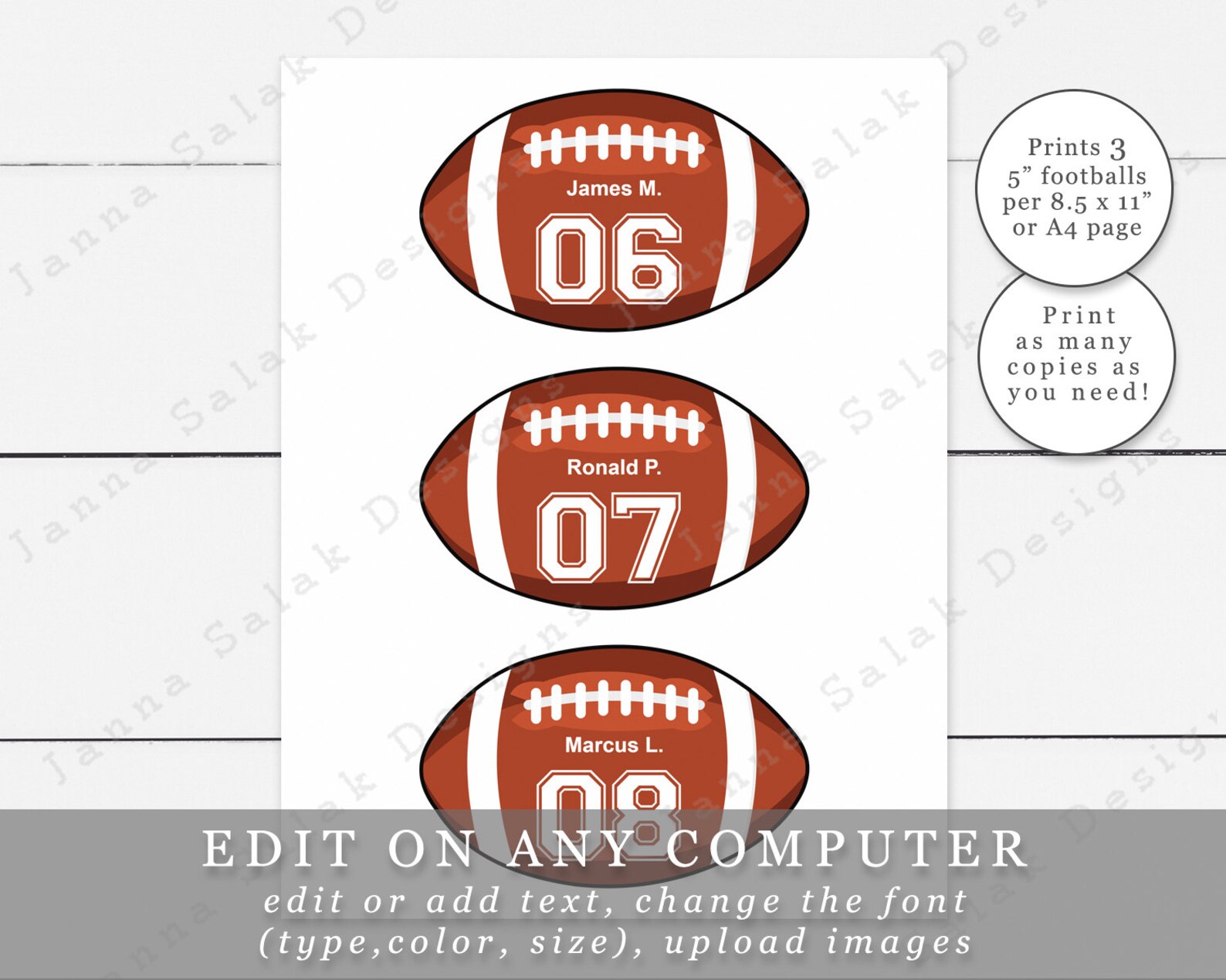 5" Football Tags With Editable Names and Numbers DIY Template - Etsy