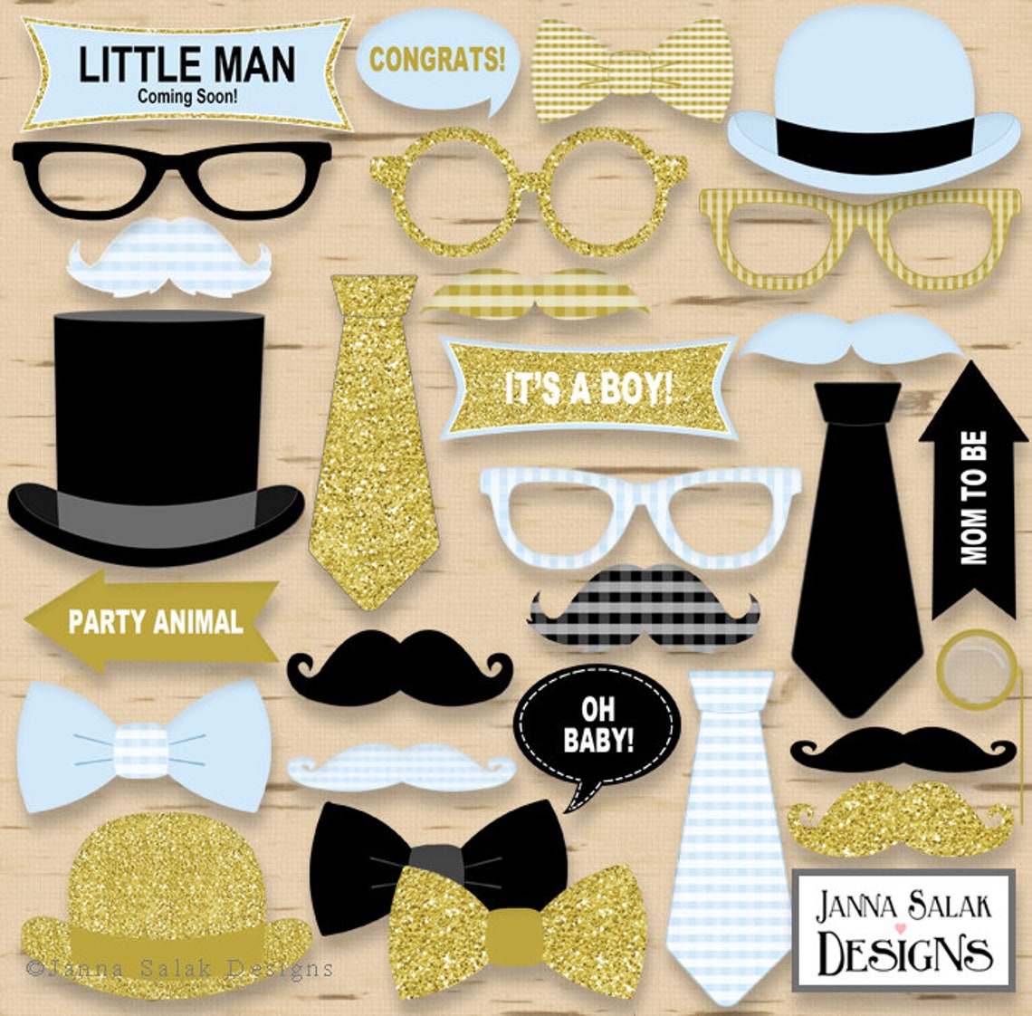 Printable Little Man Photo Booth Props Birthday Party Gold - Etsy