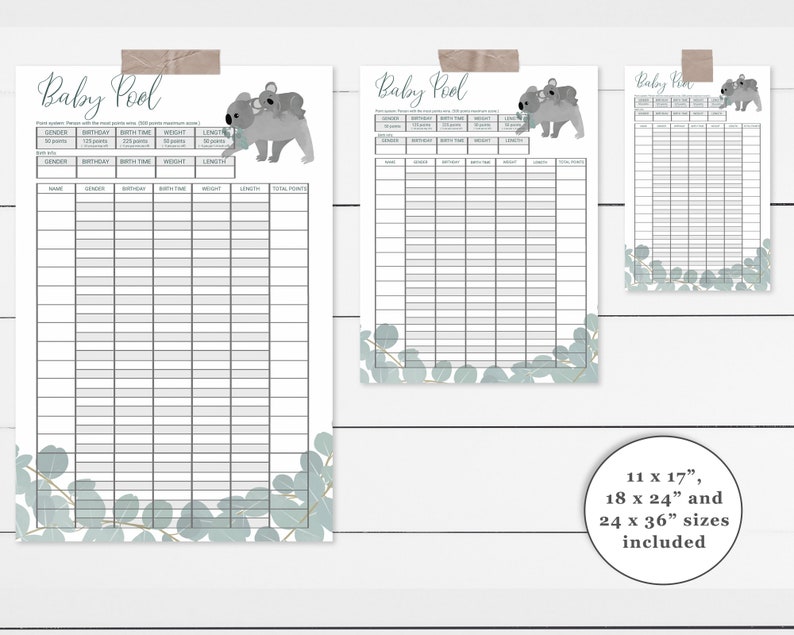 Koala Baby Pool Birth Prediction Printable Poster Sign Template ...