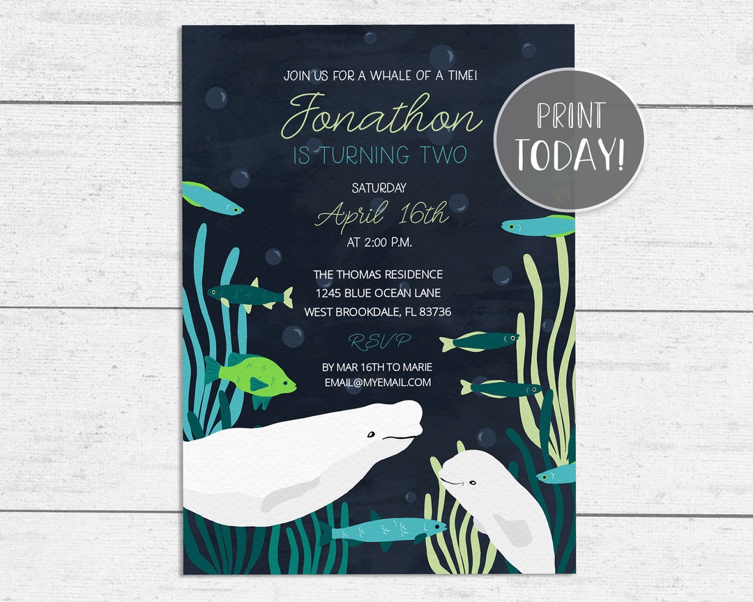 Beluga Whale Birthday Party Invitation Template 5x7 Whale Invite DIY ...