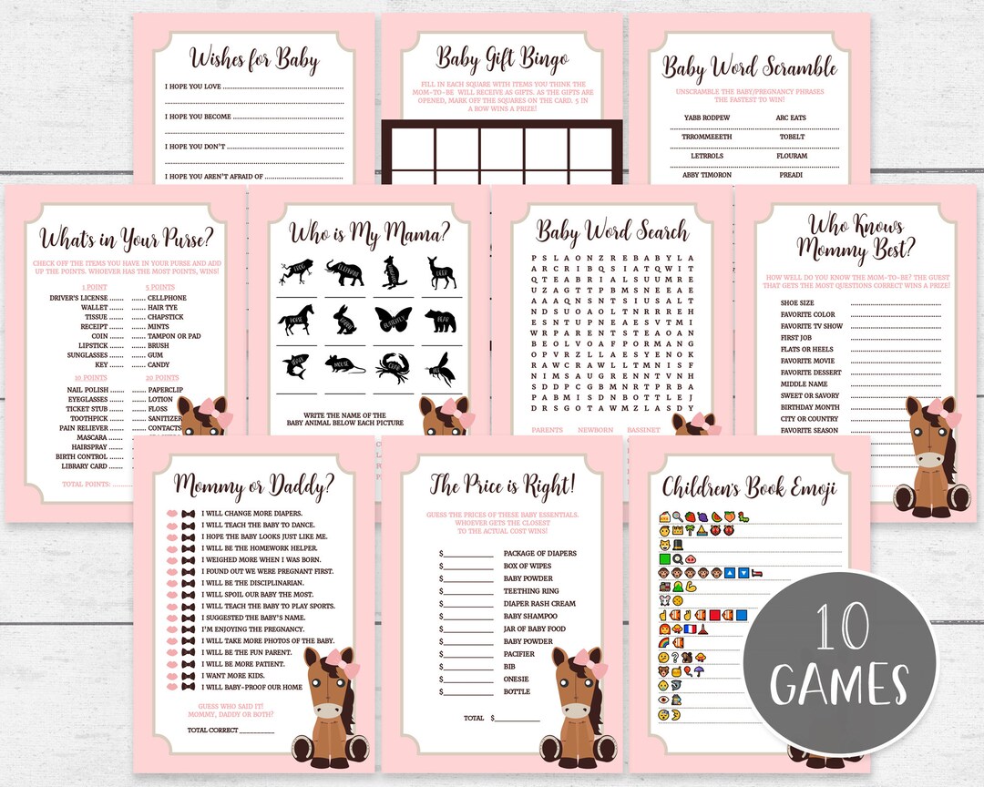 Horse Baby Shower Game Package Printable - 10 Games - Pink Baby Girl ...
