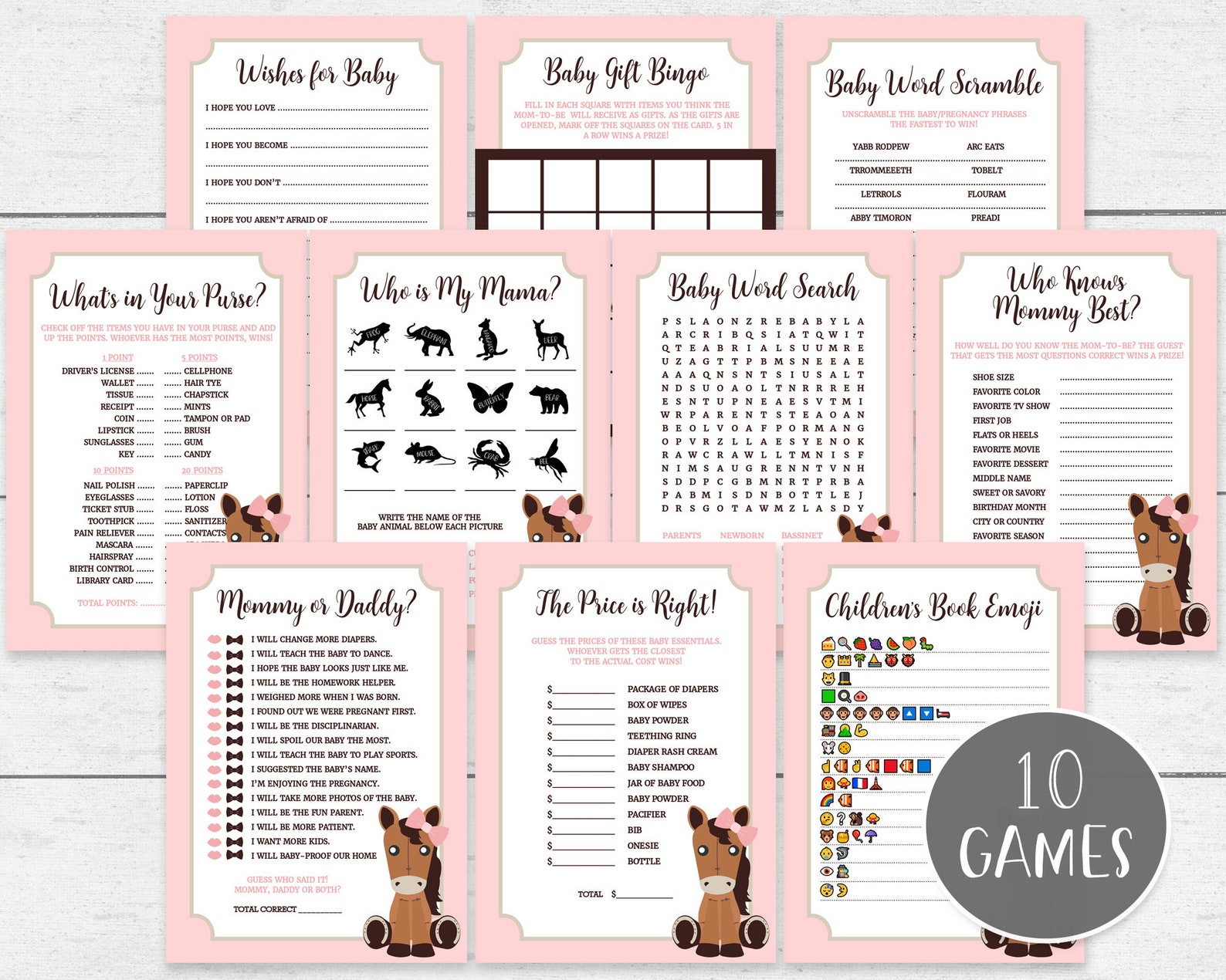 Horse Baby Shower Game Package Printable 10 Games Pink - Etsy