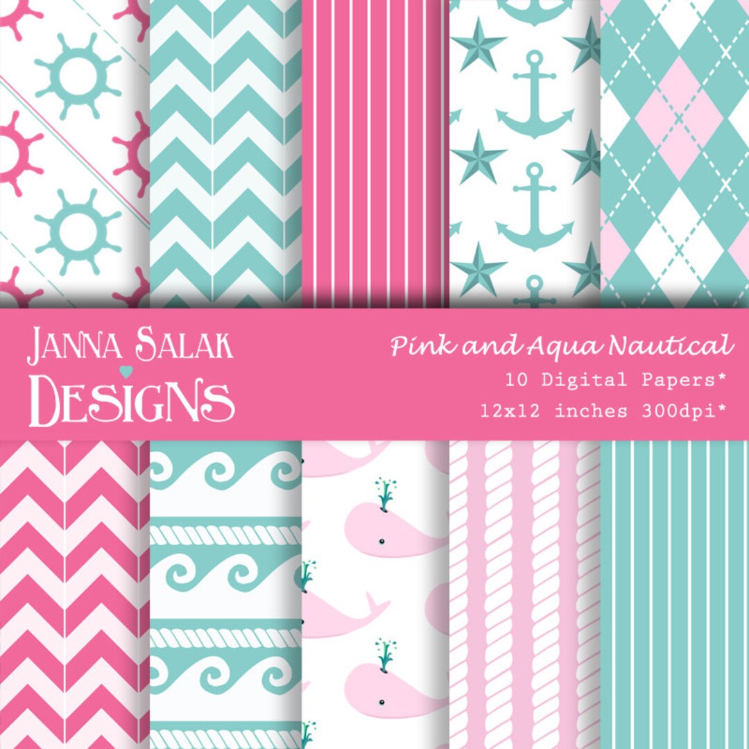 Pink and Aqua Nautical Patterns Anchor Rope Whale Digital Scrapbook ...