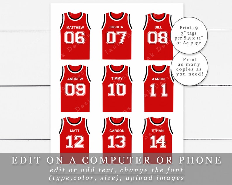 3" Basketball Ball Jersey Tags With Editable Names Numbers and Colors ...