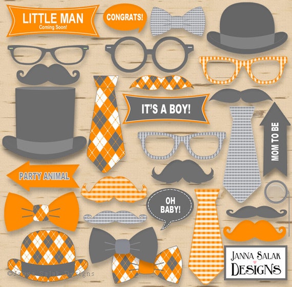 Printable Little Man Photo Booth Props Baby Shower Orange Grey | Etsy