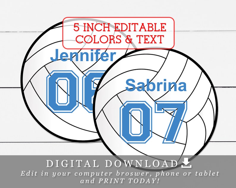 5" Volleyballs With Editable Names and Numbers DIY Template Printable ...