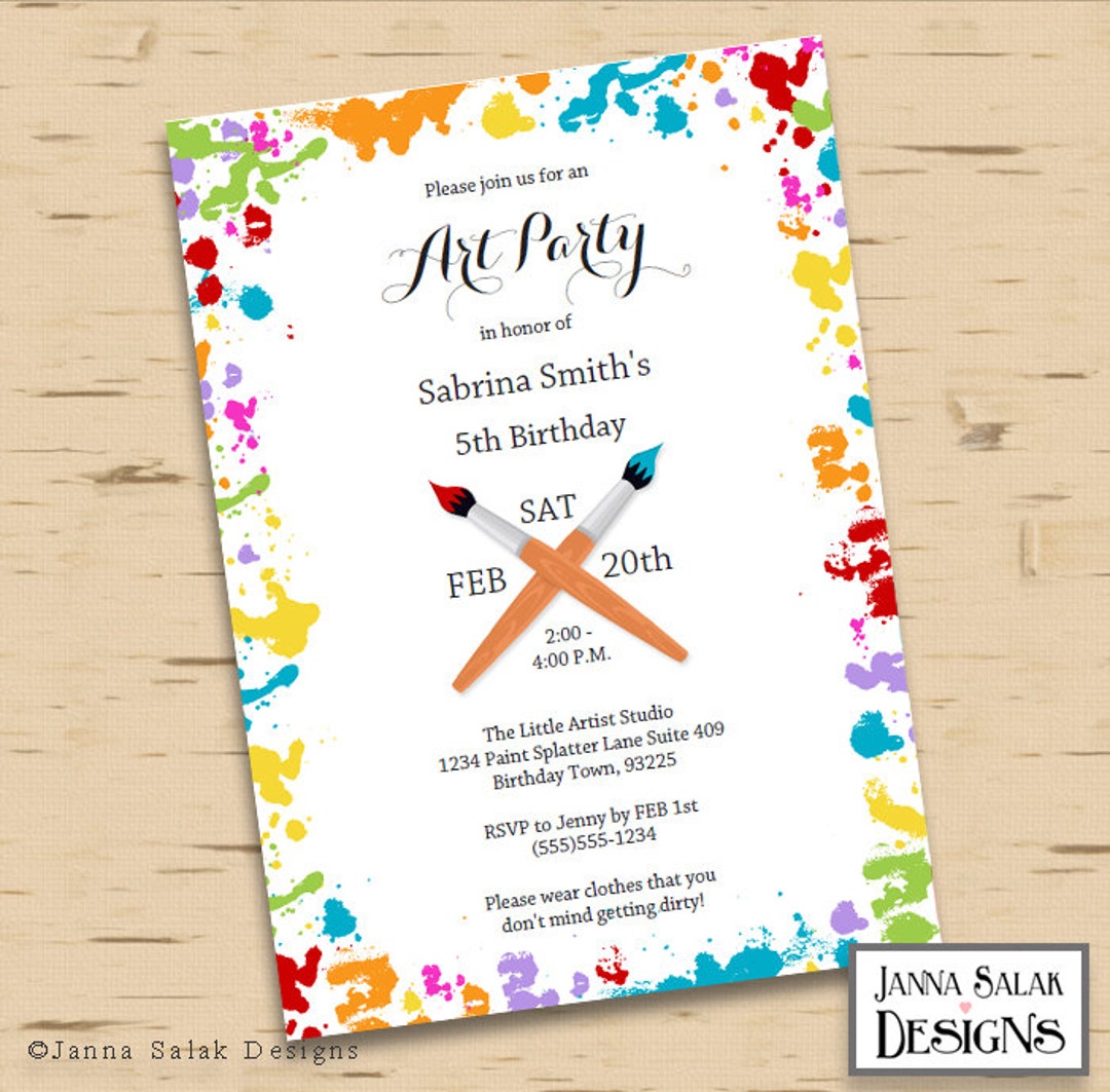 Printable Art Party Birthday Invitation 5x7 Invite Diy INSTANT DOWNLOAD ...