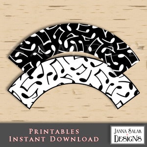 Printable Music Note Cupcake Wrappers Black and White DIY INSTANT ...