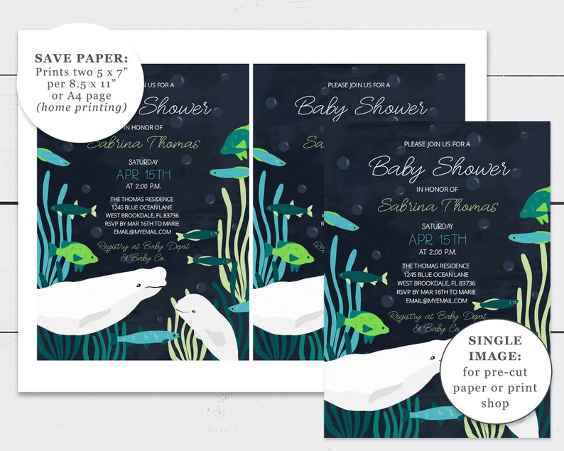 Beluga Baby Shower Invitation Template 5x7 Whale Invite DIY Printable ...