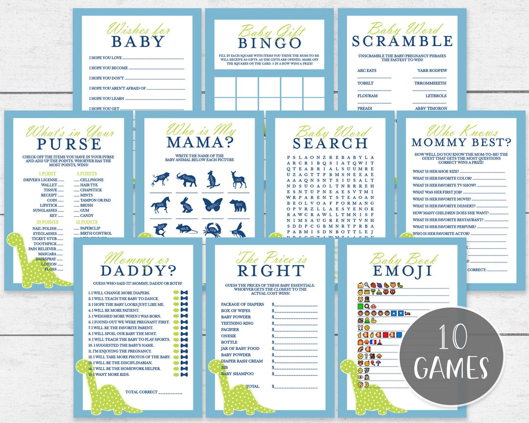 Dinosaur Baby Shower Game Package Printable - 10 Games - Dino Blue and ...