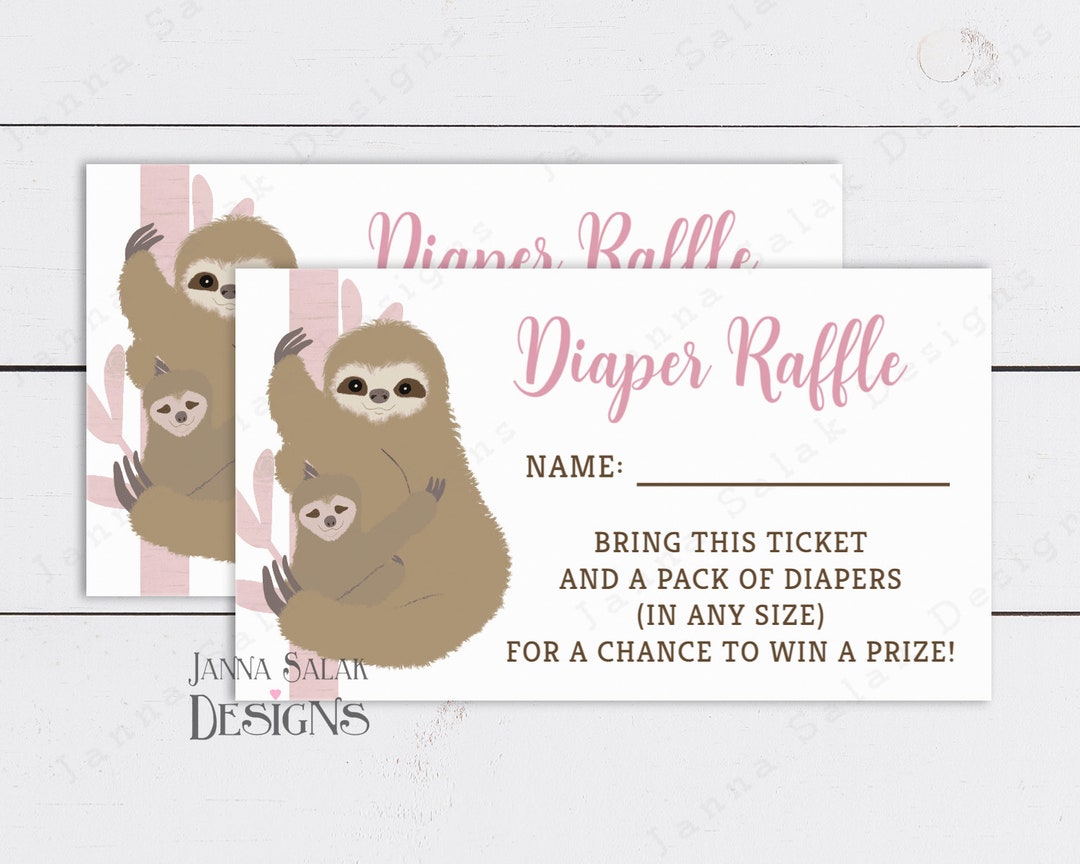 Sloth Diaper Raffle Ticket Template Pink and White 2x3.5" DIY Printable ...