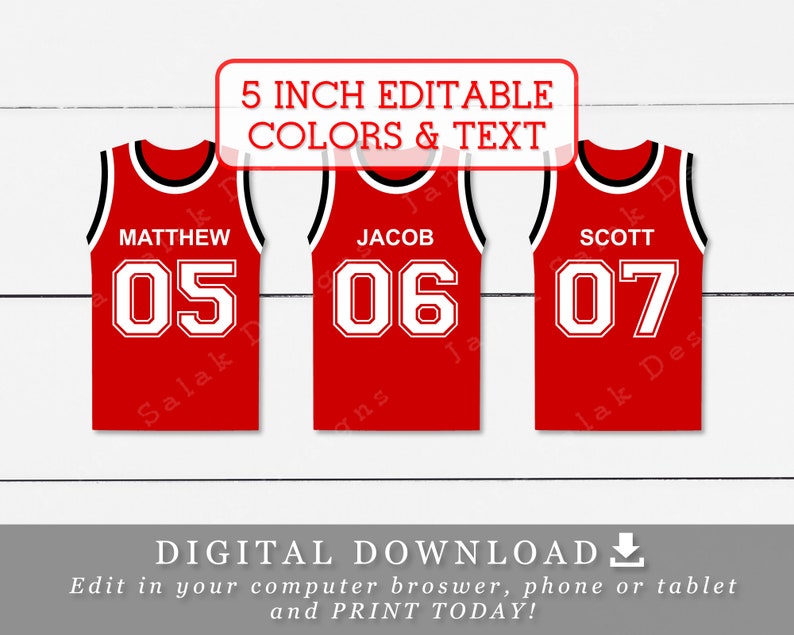 5" Basketball Jersey Tags With Editable Names Numbers and Colors DIY ...