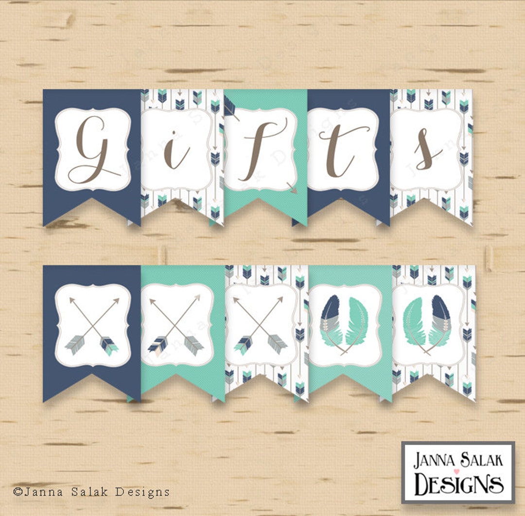Printable Gifts Banner Boho Tribal Arrows Feathers Blue Grey Teal DIY ...