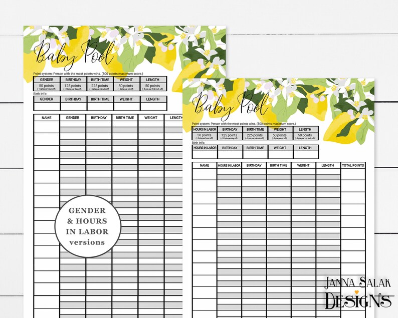Printable Baby Shower Baby Pool Game Lemons and Blossoms Birth - Etsy