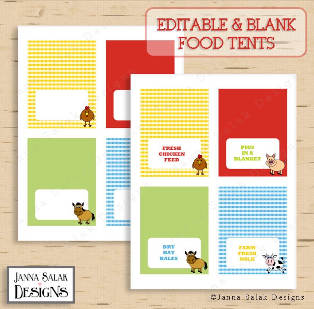 Farm Animal Food Tent Labels EDITABLE and BLANK Red Blue Green Yellow ...