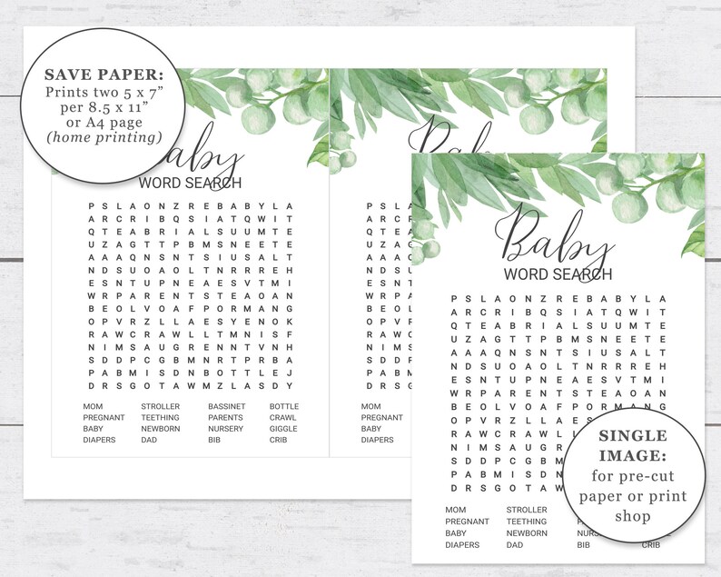 Greenery Baby Shower Word Search Game Printable Green Leaves - Etsy