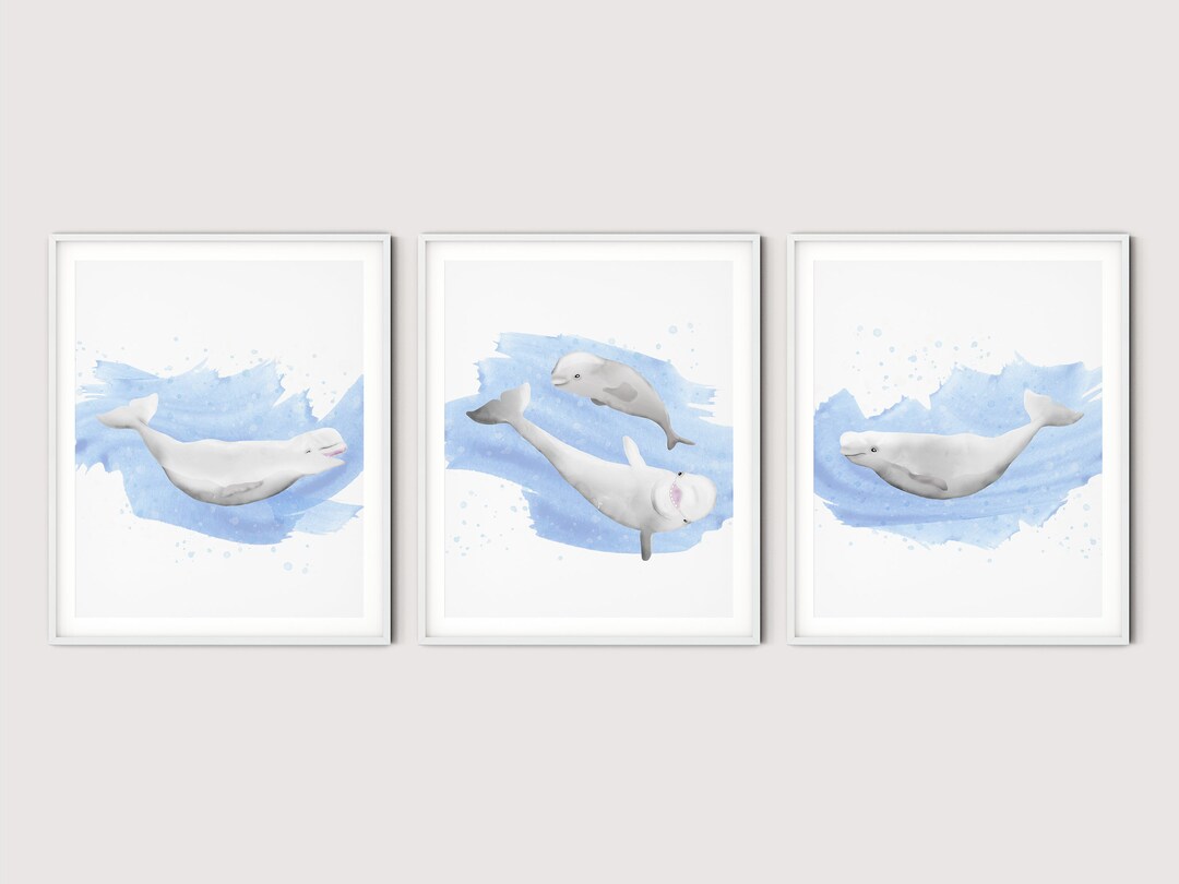 Beluga Blue Wave Nursery Prints Set of 3 Printable Watercolor Belugas ...