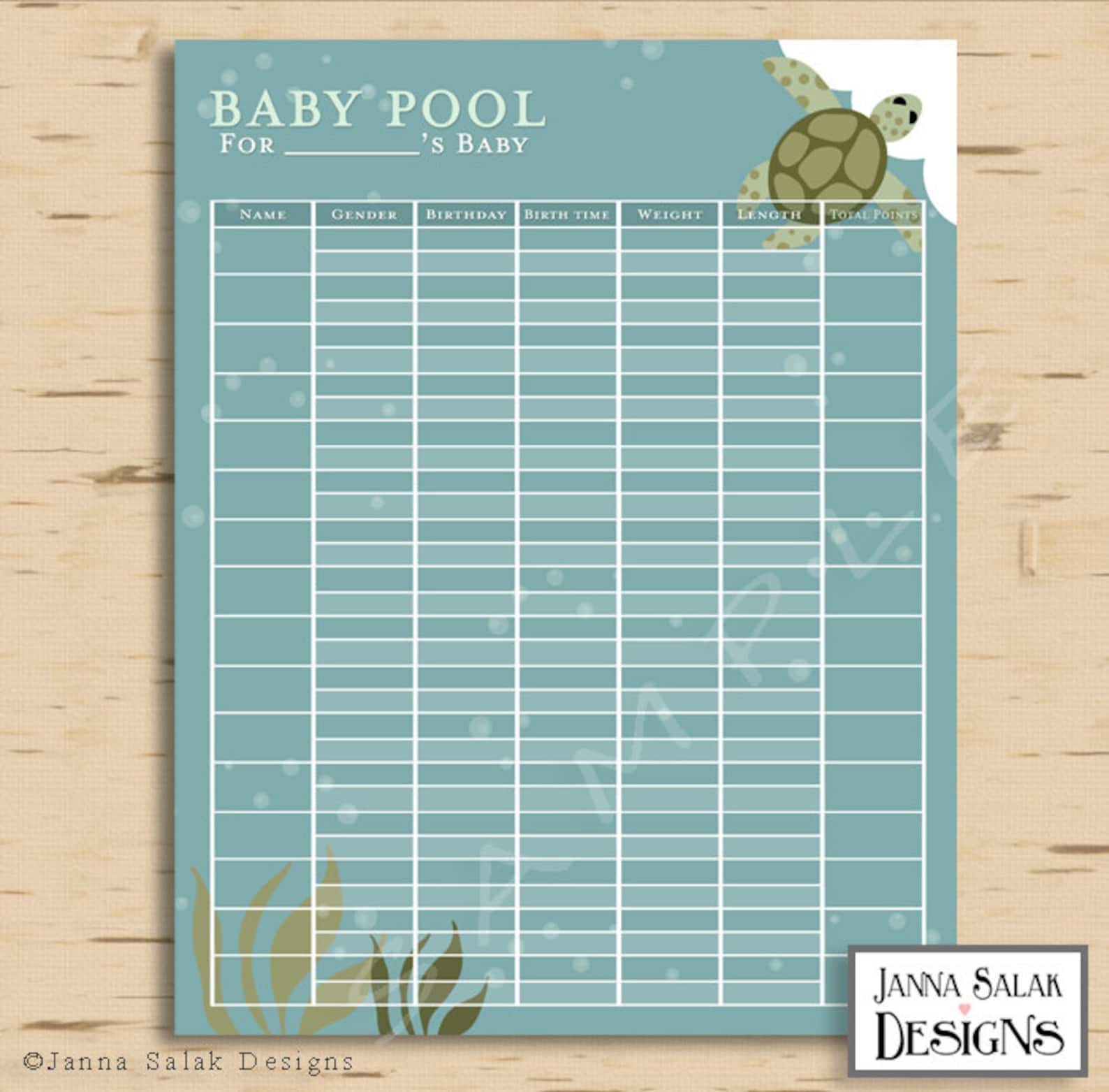 Printable Ocean Theme Baby Shower Baby Pool Game Predictions Sea Turtle ...