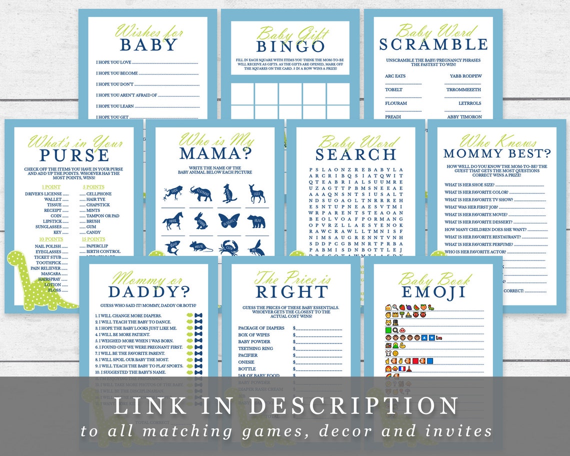 Dinosaur Baby Shower Word Search Game Printable - Dino Blue and Green ...
