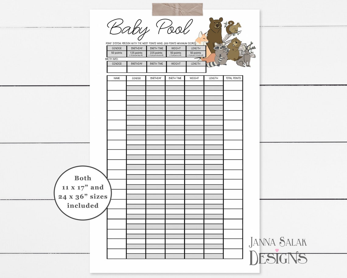 Printable Baby Shower Baby Pool Game Woodland Animals Birth - Etsy