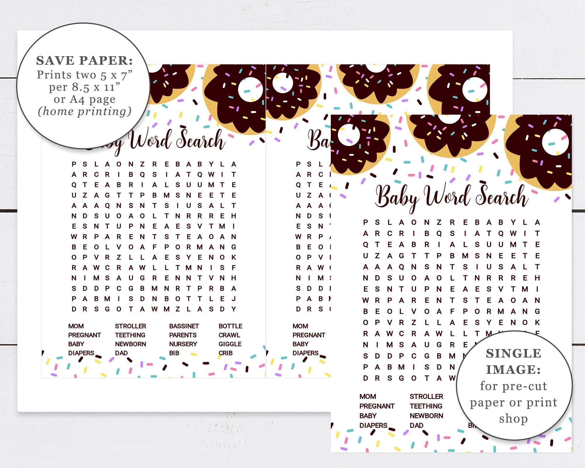 Donut Baby Shower Word Search Game Printable Doughnut | Etsy