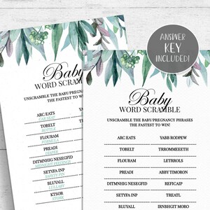 Greenery Baby Shower Word Scramble Game Printable - Green and Purple ...