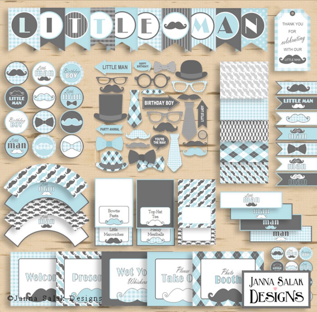 Little Man Birthday PRINTABLE Party Package Decorations Blue and Grey ...