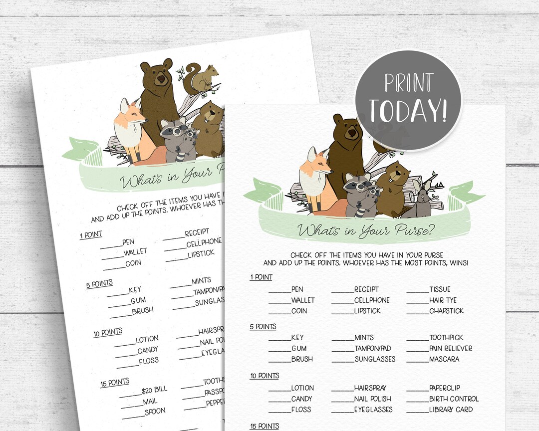 Woodland Baby Shower What's in Your Purse Game - Forest Animals ...