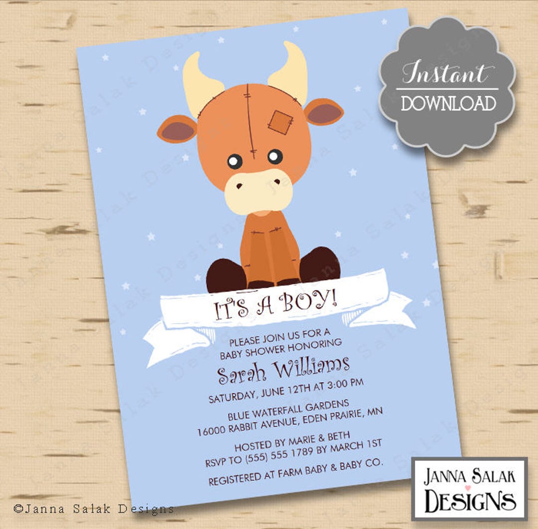 Printable Stuffed Cow Baby Shower Invitation: Farm Theme (editable PDF ...
