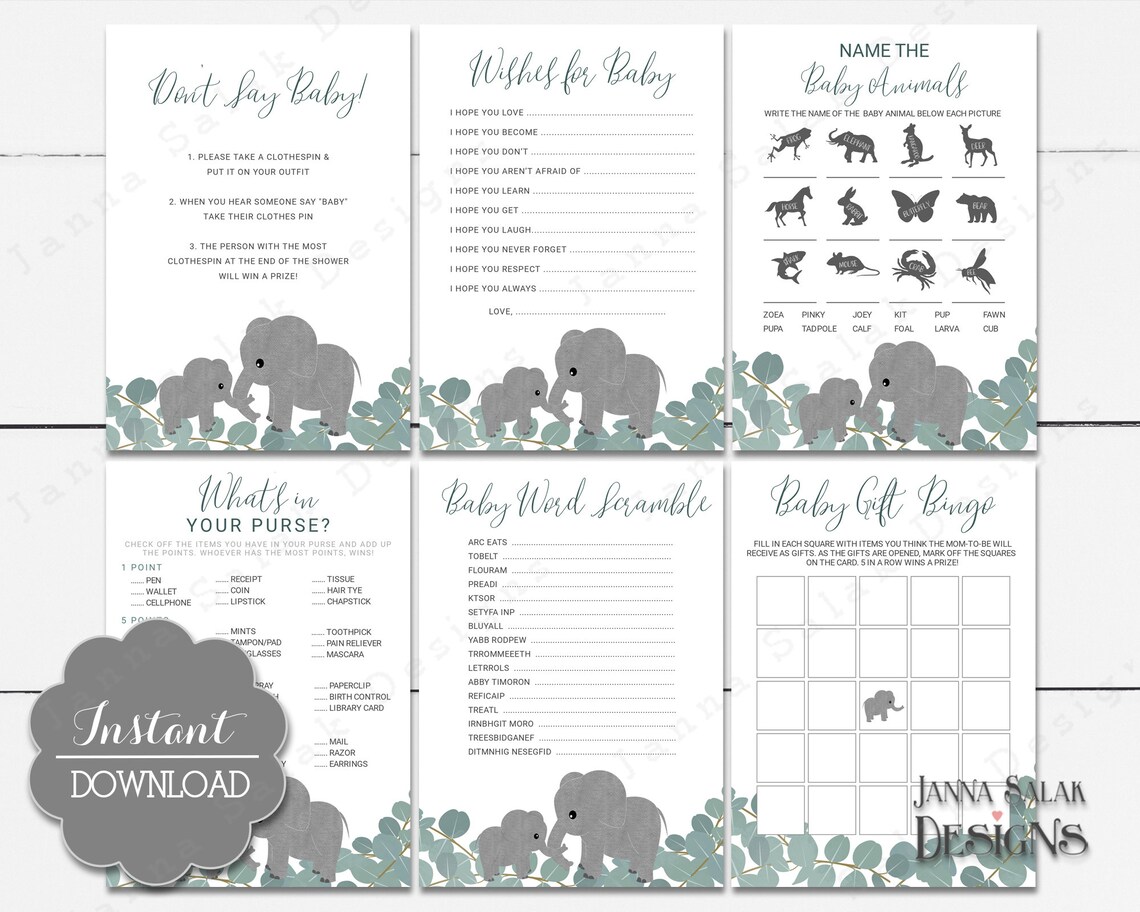 Elephant Baby Shower Games Package Printable - 6 Games Included - DIY ...