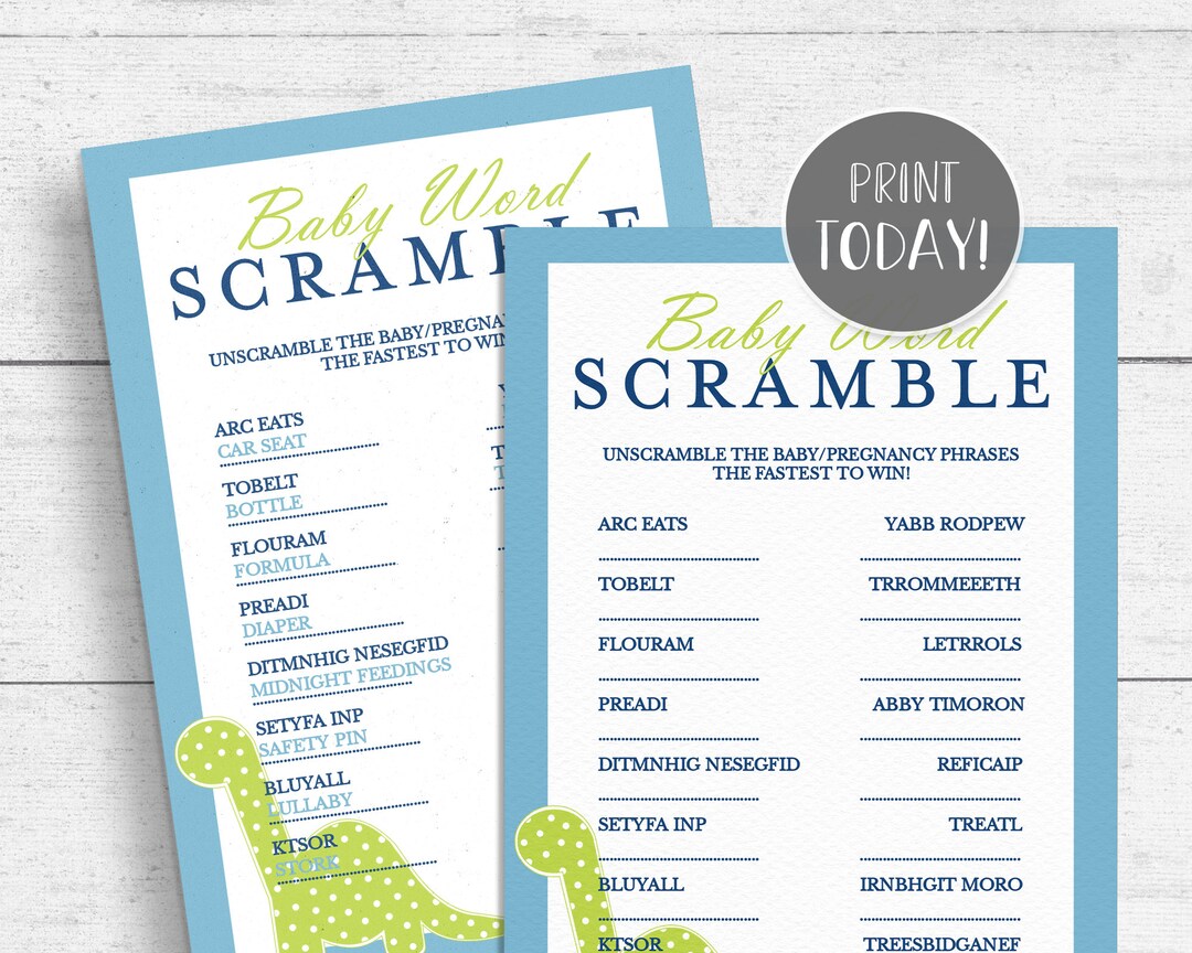 Dinosaur Baby Shower Word Scramble Game Printable - Dino Blue and Green ...